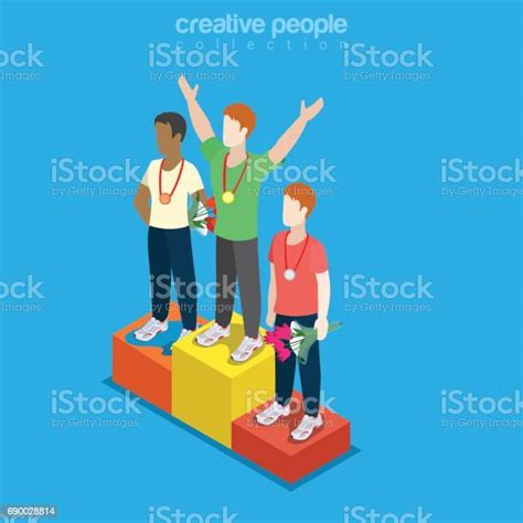 아이소메트릭 남성 우승자 선수 메달 벡터 일러스트와 함께 받침대에 평면 스포츠맨 3d 아이소메트리 이미지 여름 국제 경쟁 개념입니다 Championship에 대한 스톡 벡터