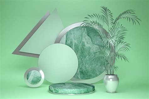 3d 받침대 추상적인 야자수 잎 3d 렌더링 브랜드 프로모션 제품을 위한 포디움 그린 스텝 0명에 대한 스톡 사진 및 기타