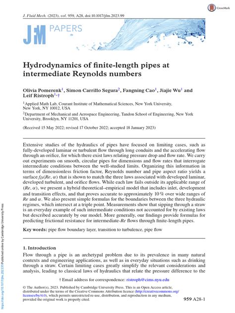 Hydrodynamics Of Finite Length Pipes At Intermediate Reynolds Numbers Pdf Reynolds Number