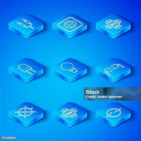 세트 라인 전기 회로 방식 아이디어 개념의 전구 프로세서 미세 회로 Cpu 저항 전기 발광 다이오드 오디오 잭 및 아이콘 벡터 0명에 대한 스톡 벡터 아트 및 기타 이미지