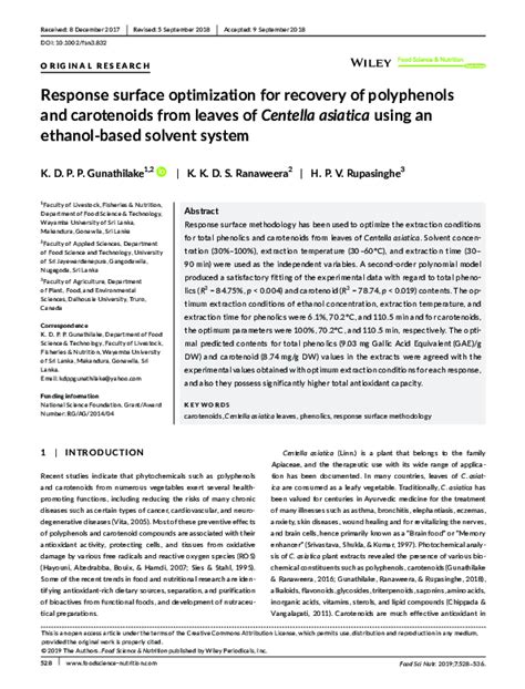 Pdf Response Surface Optimization For Recovery Of Polyphenols And Carotenoids From Leaves Of