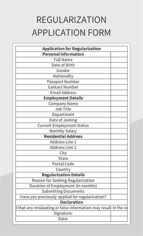 Regularization Application Form Excel Template And Google Sheets File