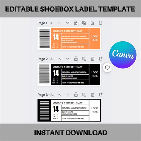 Shoe Box Label Template Printable Favor Box Digital Download Etsy