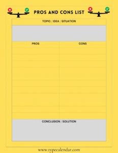 Free Printable Pros And Cons List Templates Maker Word Excel PDF