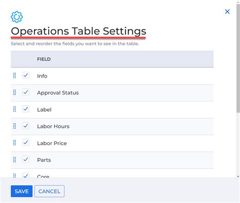 New Operations Table Operations Table Settings Asist