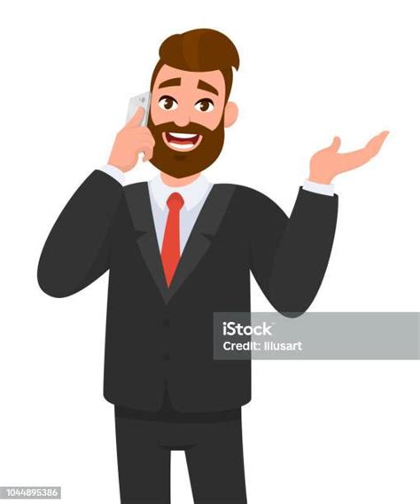 행복 한 자신감 사업가 스마트폰에 말하기와 손을 몸짓 공간을 복사 비즈니스 사람이 휴대 전화에 대 한 얘기 하 고 서 있는 흰색 배경에 고립 벡터 일러스트입니다 감정에 대한