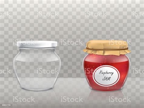 유리 항아리를 생각의 벡터 일러스트 레이 션의 집합은 비어 있으며 라스베리 잼 뚜껑과 종이 꼬기와 레이블을 연결 0명에 대한 스톡 벡터 아트 및 기타 이미지 Istock