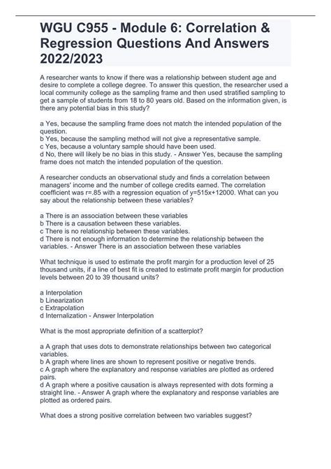 Wgu C955 Module 6 Correlation And Regression Questions And Answers