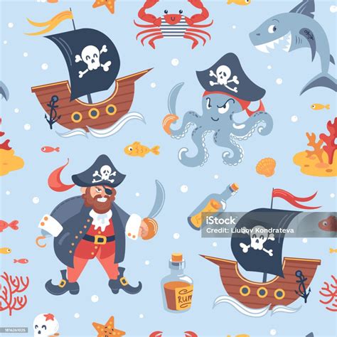 어린이 해적 완벽 한 패턴입니다 만화 캐릭터 갈고리와 고깔모자를 쓴 해적 선장 상어 배와 문어 조끼를 입은 게 두개골 불가사리