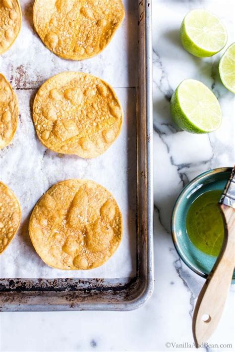 Baked Small Tostada Shells On A Sheet Pan With Lime Oil In A Bowl On The Side Tostadas Baked