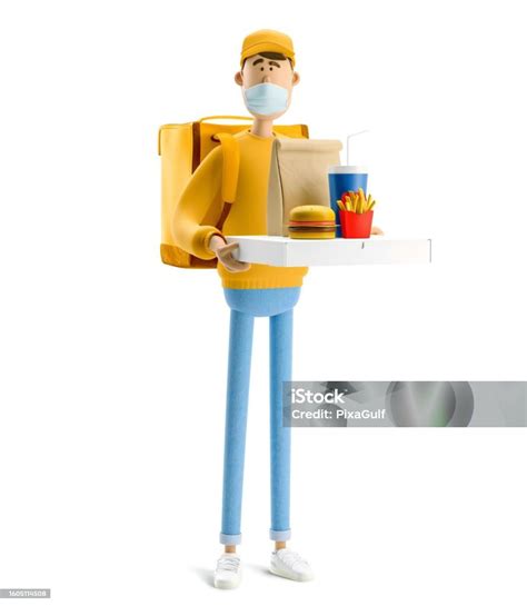 노란색 유니폼을 입은 피자와 패스트푸드를 든 배달원이 큰 가방을 들고 서 있다 3d 그림입니다 만화 캐릭터입니다 안전한 배송 개념입니다 3차원 형태에 대한 스톡 사진 및