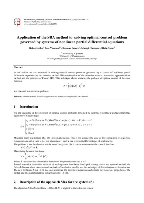 Pdf Application Of The Sba Method To Solving Optimal Control Problem Governed By Systems Of