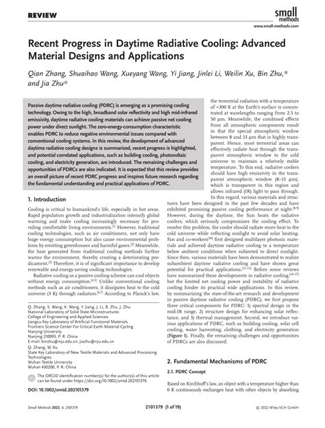 Recent Progress In Daytime Radiative Cooling Advanced Material Designs And Applications
