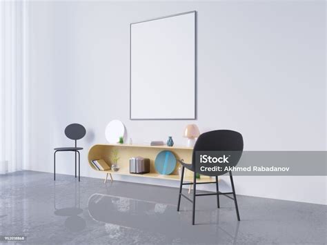 홈 오피스 인테리어 배경 3d 렌더링 3d 일러스트의 포스터 프레임을 모의 0명에 대한 스톡 사진 및 기타 이미지 0명 가구 공란 Istock