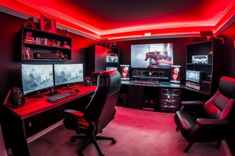 Room With Lot Of Monitors And Desk With Keyboard And Mouse Generative