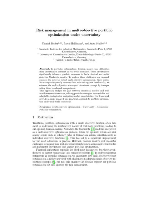 Risk Management In Multi Objective Portfolio Optim Pdf Risk Mathematical Optimization