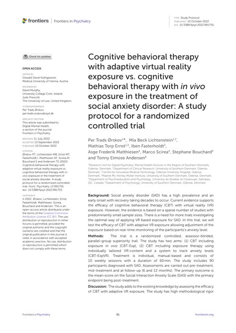 Pdf Cognitive Behavioral Therapy With Adaptive Virtual Reality Exposure Vs Cognitive