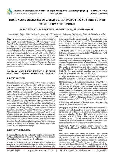 Irjet Design And Analysis Of 3 Axis Scara Robot To Sustain 60 N M Torque By Nutrunner Pdf