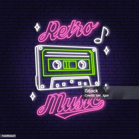 복고풍 음악 네온 포스터 배너 네온 사인 엠블럼 밝은 간판 복고풍 오디오 카세트 테이프가 있는 밝은 배너 벡터 그림입니다 나이트 클럽을위한 밝은 네온 광고 디자인 템플릿