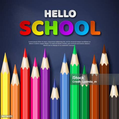 현실적인 다채로운 연필 학교 타이 포 그래피 디자인 안녕하세요 종이 칠판 배경 스타일 글자를 잘라 벡터 일러스트입니다 0명에 대한 스톡 벡터 아트 및 기타 이미지 Istock