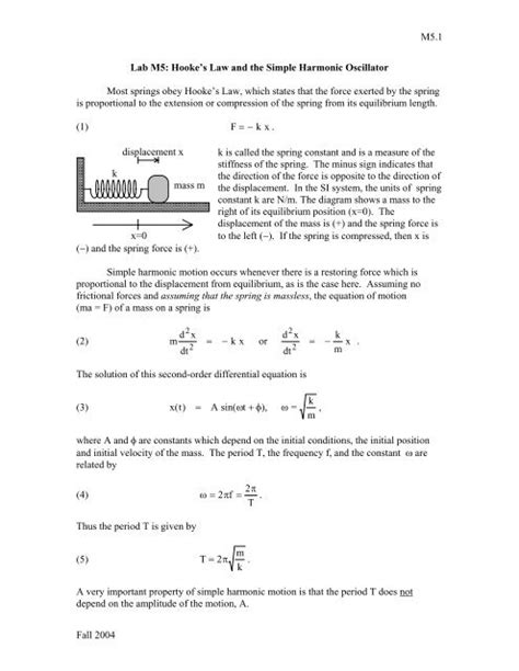 Lab M Hooke S Law And The Simple Harmonic Oscillator