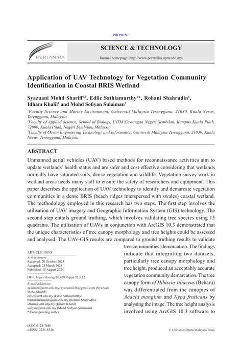 Pdf Application Of Uav Technology For Vegetation Community Identification In Coastal Bris Wetland