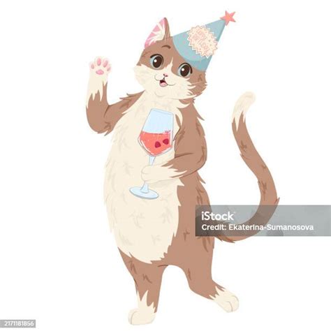 생일 모자를 쓰고 핑크 와인과 함께 유리를 들고 얼룩 무늬 고양이와 벡터 일러스트 레이 션 가축에 대한 스톡 벡터 아트 및 기타 이미지 가축 고양이 새끼 고양이 울음