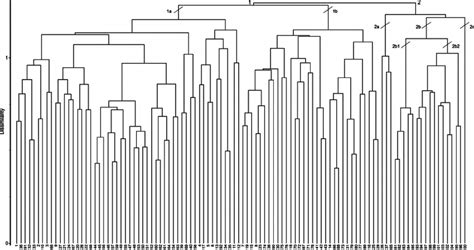 dendrogram of the 104 italian relev ́s algorithm complete link