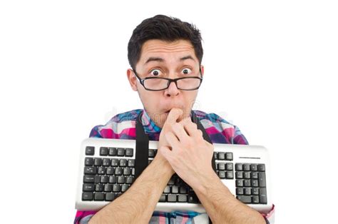 Computer Nerd With Keyboard Isolated Stock Photo Image Of Comic Humor 44536298