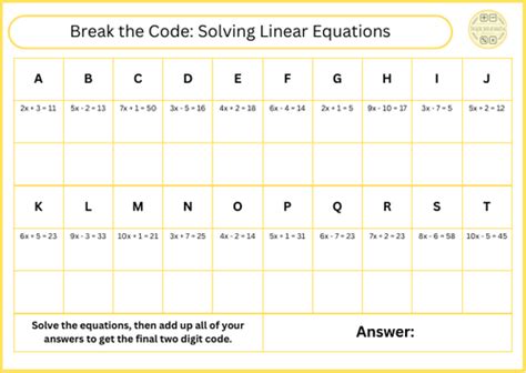 Break The Code Solving Linear Equations Teaching Resources