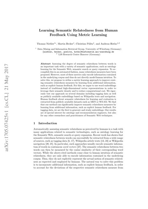 Pdf Learning Semantic Relatedness From Human Feedback Using Metric