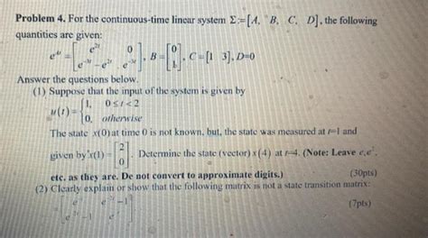 Solved Problem 4 For The Continuous Time Linear System