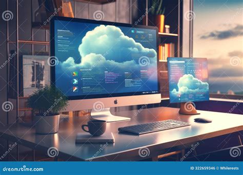 Desktop With Computer And Cloud Computing On Screen Modern Home Office With Cloud Computing