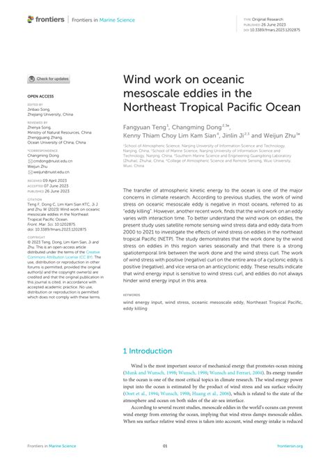 Pdf Wind Work On Oceanic Mesoscale Eddies In The Northeast Tropical