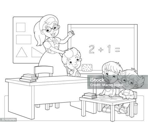 만화 장면 와 아이 와 교사 에 이 교실 들고 손 까지 스케치 색칠 하기 페이지 교실에 대한 스톡 벡터 아트 및 기타 이미지 교실 컬러링 북 페이지 일러스트레이션 기법