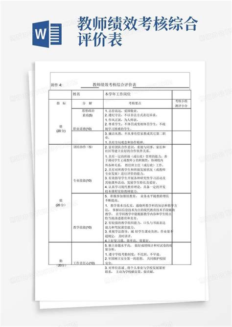 教师绩效考核综合评价表word模板下载编号qoznwgom熊猫办公