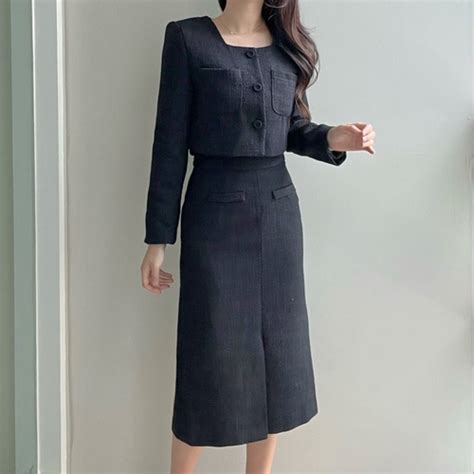 엘린무드 세트 단품가능 엔드리스 트위드 고퀄 크롭 숏 긴팔 어깨패드 자켓 H라인 미디 롱 앞트임 스커트 세트 투피스3color