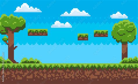 Landscape Page Of Pixel Game Green Trees And Bushes Cloudy Sky