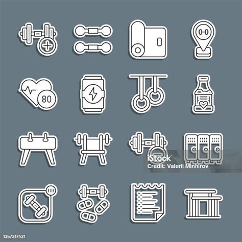 세트 라인 고르지 않은 바 사물함 또는 탈의실 비타민 피트니스 매트 롤 에너지 음료 심박수 아령 및 체조 링 아이콘 벡터 가정의