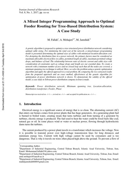 PDF A Mixed Integer Programming Approach To Optimal Feeder Routing For Tree Based Distribution