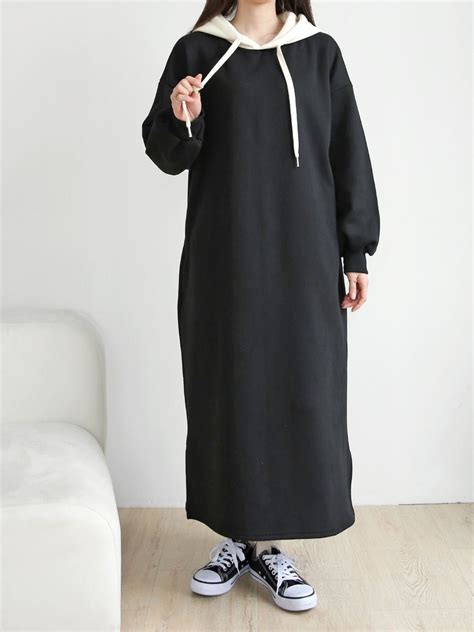 세미 루즈핏 기모 후드 롱원피스 박시 캐주얼 긴팔 원피스 배색 모자 겨울 키작녀 키큰여자 코디