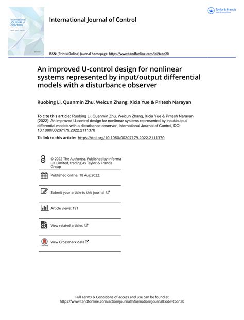Pdf An Improved U Control Design For Nonlinear Systems Represented By