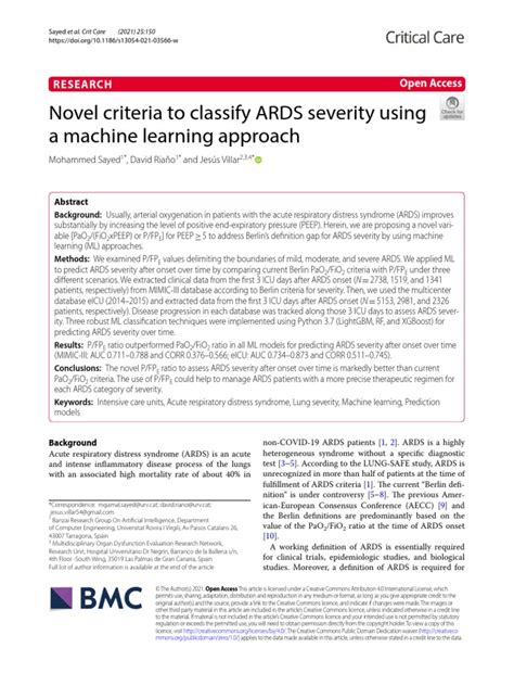 Novel Criteria To Classify Ards Severity Using A Machine Learning Approach Pdf Intensive