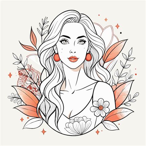 Um Desenho De Uma Mulher Com Cabelos Longos E Flores No Meio Vetor