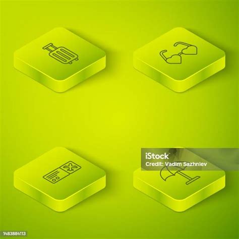 아이소메트릭 라인 하트 모양의 사랑 안경 항공권 태양 보호 우산 및 여행 가방 아이콘을 설정합니다 벡터 3차원 형태에 대한 스톡 벡터 아트 및 기타 이미지 Istock