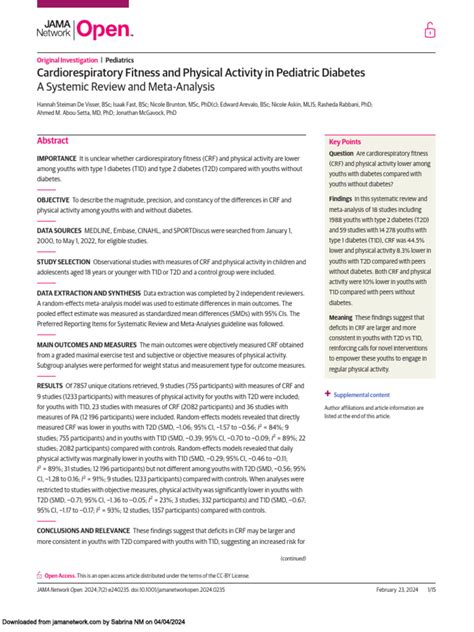 Cardiorespiratory Fitness And Physical Activity In Pediatric Diabetes A Systematic Review And