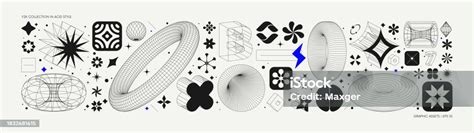 산성 스타일로 설정된 벡터 그래픽 자산 다양한 형태의 와이어 프레임 요소가있는 복고풍 미래 배경 디자인 템플릿 포스터 옷 스티커 Y2k 스타일의 배너에 대 한 대담한 현대