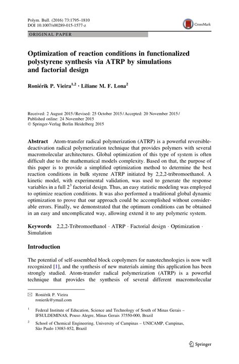 Pdf Optimization Of Reaction Conditions In Functionalized Polystyrene Synthesis Via Atrp By