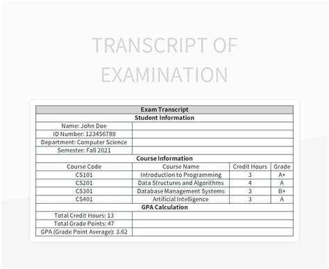 Transcript Of Examination Excel Template And Google Sheets File For Free Download Slidesdocs