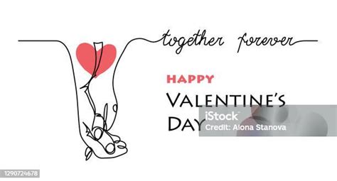부부는 손을 잡고 있다 함께 영원히 레터링 라인 아트와 레드 하트 타투 2 발렌타인 데이 벡터 카드 사랑 일러스트를 위한 연속 라인 아트 드로잉 1개 2명에 대한 스톡 벡터